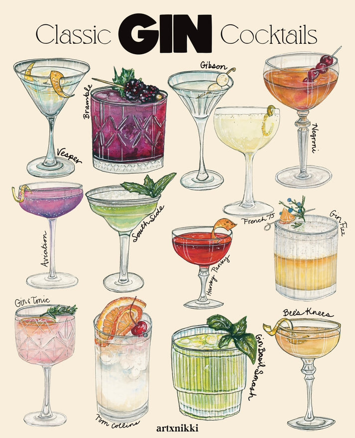 Classic Gin Cocktails Chart Art Print – artxnikki