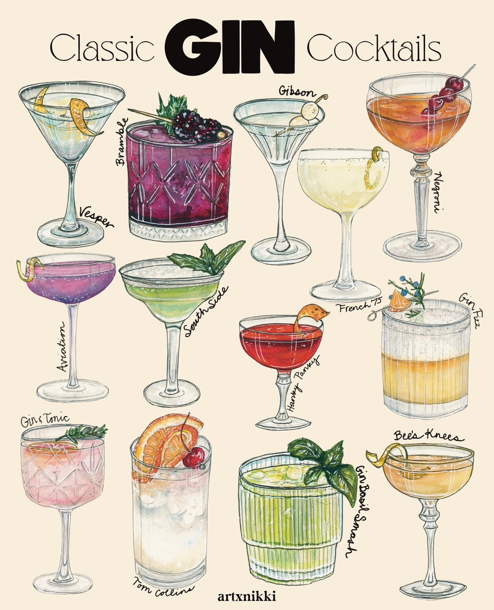 Classic Gin Cocktails Chart Art Print – artxnikki